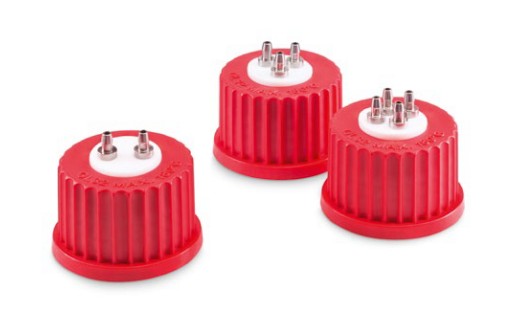 DURAN Connection Cap System GL 32, red PBT cap, PTFE inert, 4-ports (s ...